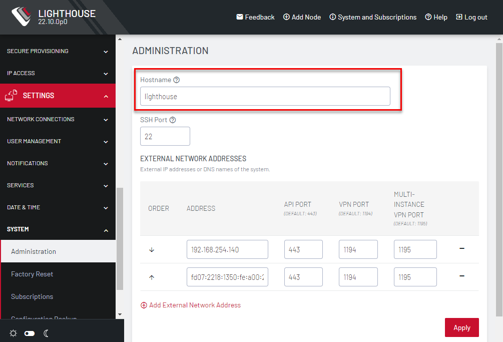 Setting the Lighthouse hostname